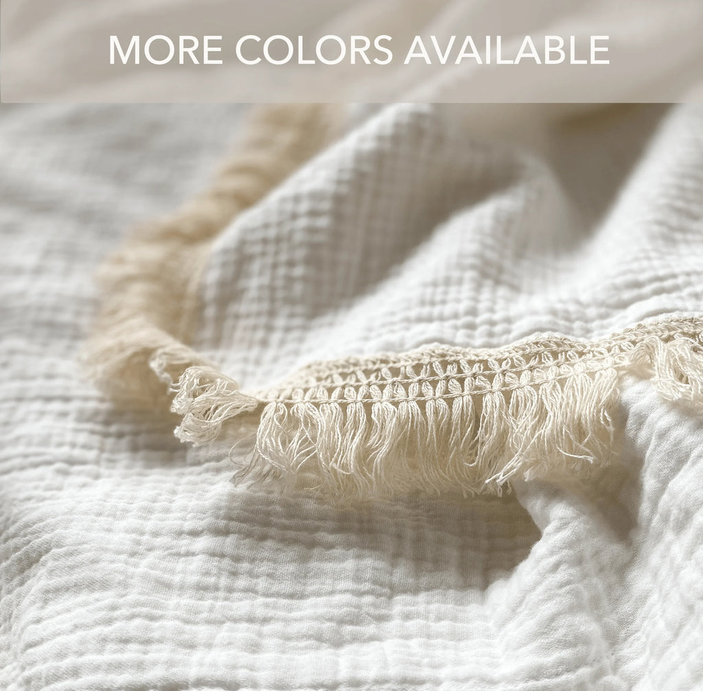 The Fringey Blanket - 4 Layer Gauze Blanket With Cream Long Fringe Tri ...